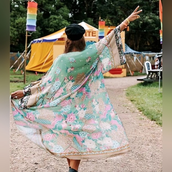 Swim | New Boho Floral Sheer Chiffon Maxi Kimono Duster Jacket Cover Up ...
